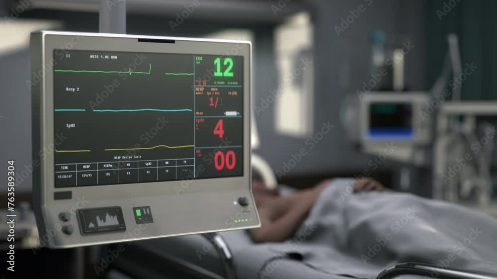 Vital signs monitor device shows a flatline of all patients health ...