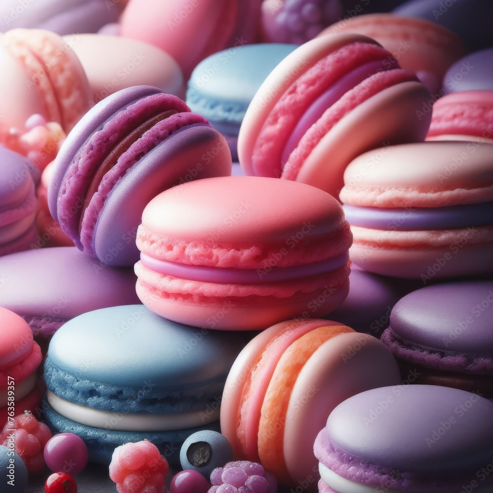 An enticing assortment of macarons intermingled with colorful candies ...