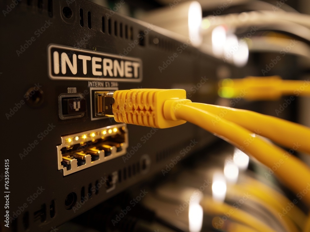 A network router with glowing lights and connected ethernet cables ...