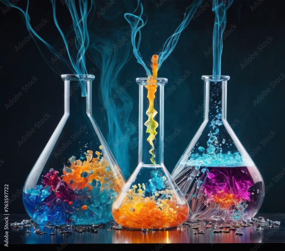 A visually striking composition of laboratory flasks with vibrant ...