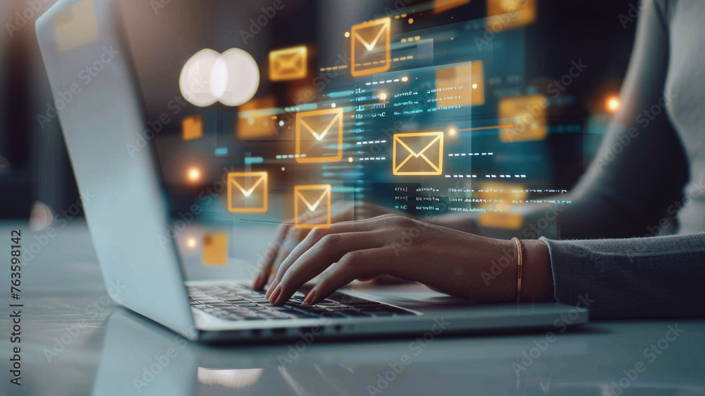 Person uses laptop for document visualization, with stylized icons for ...