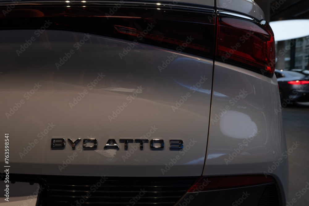 part of BYD Atto 3 EV, close-up logo sign, brand logotype signboard ...
