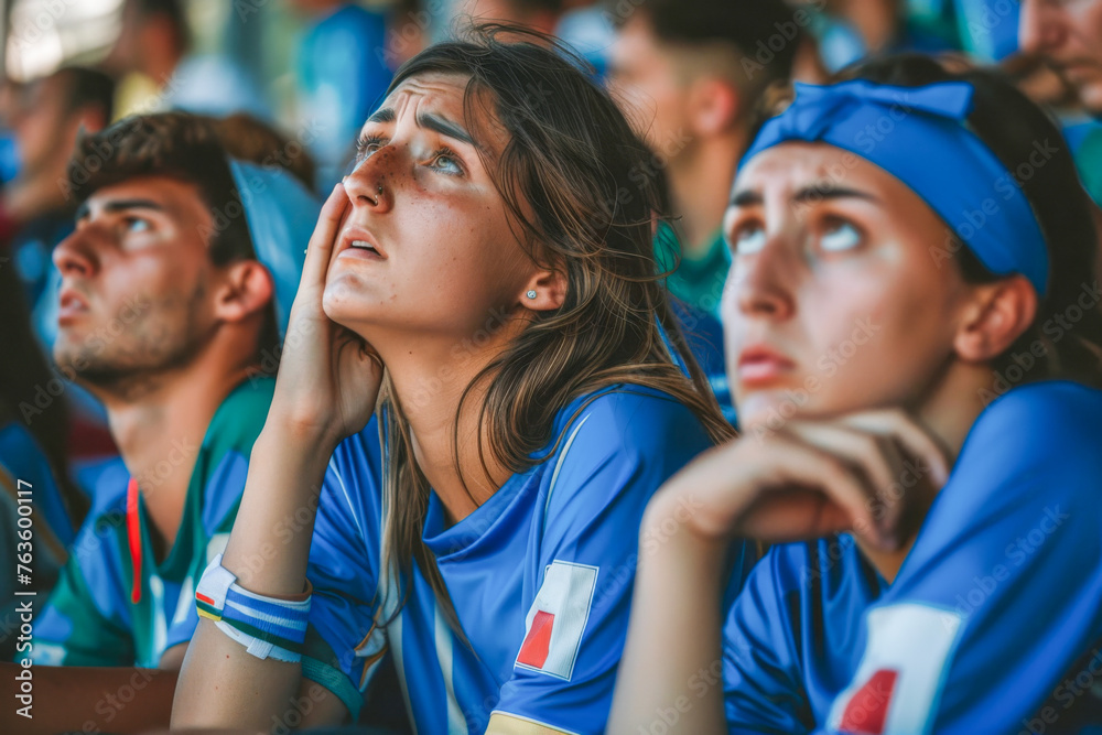 A group of male and female Italian football fans sit in the stadium ...