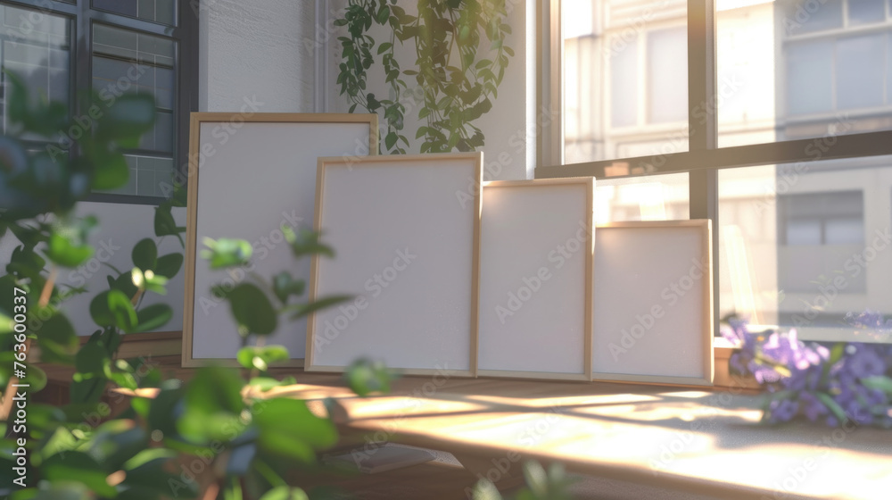 Window sill filled with blank frames placed next to a plant, creating a ...