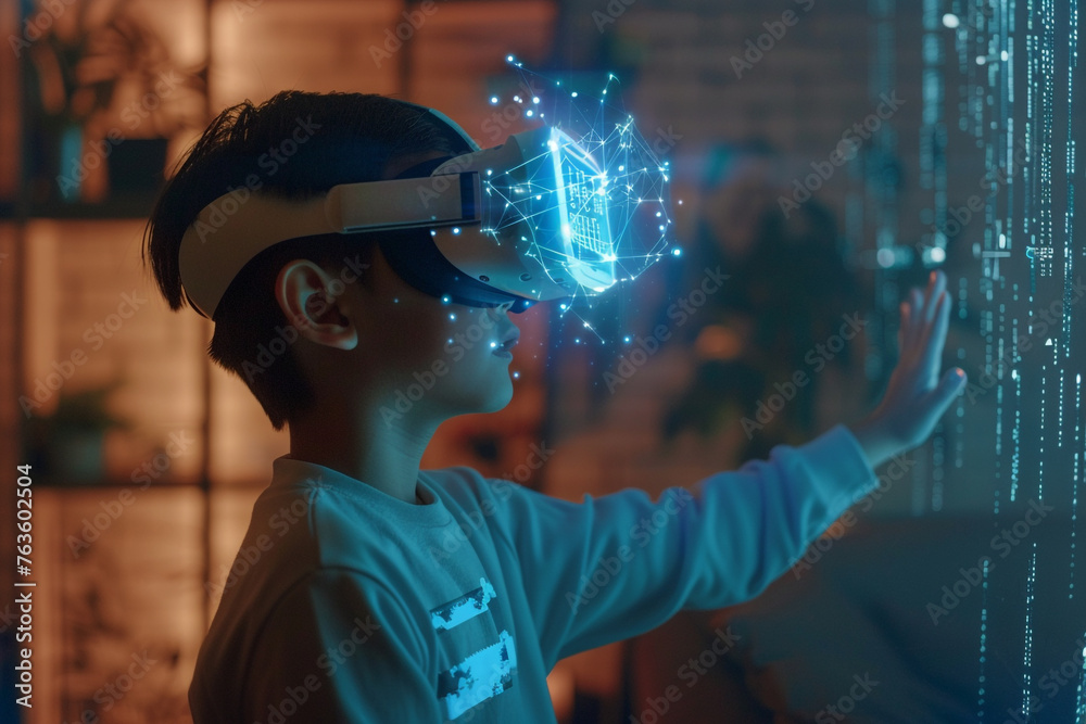 Kid using VR glasses to interact with an AI hologram, symbolizing ...