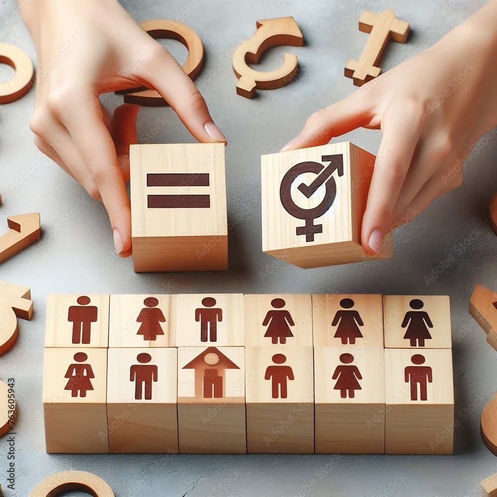 Concepts of gender equality. Hand flip wooden cube with symbol unequal ...
