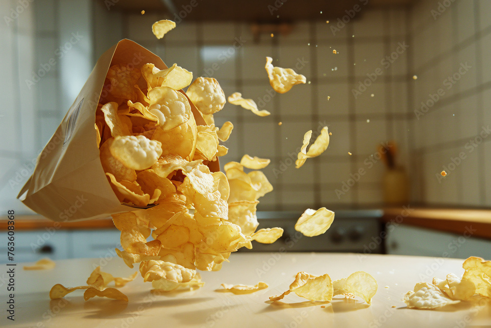 movie watching snacks: flying potato chips / crisps (generative AI ...
