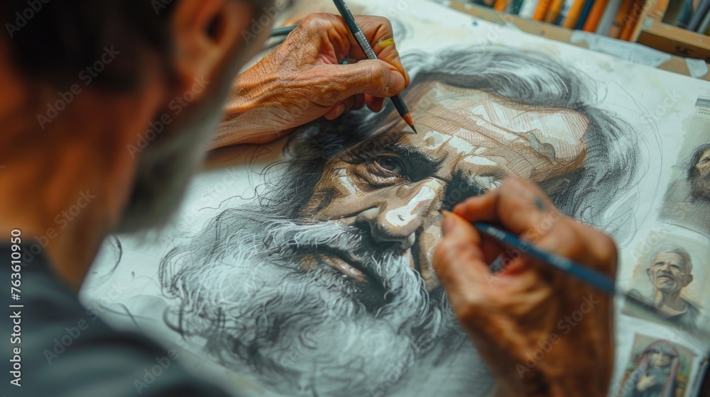Artist painting a portrait of Saint Joseph, focusing on detailed facial ...