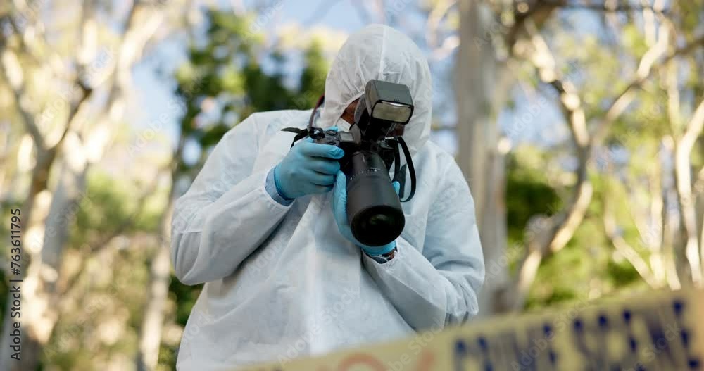 Vidéo Stock Csi, photographer and police tape at crime scene for ...