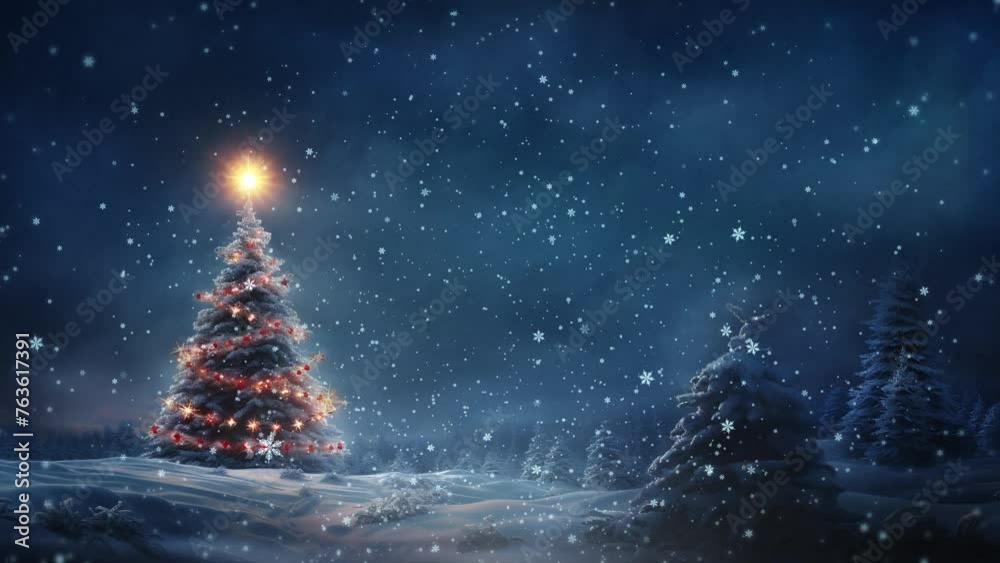 christmas tree with lights and snowflakes in the winter snow covered ...