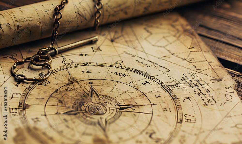 A closeup of an ancient, handdrawn astrological chart with the zodiac ...