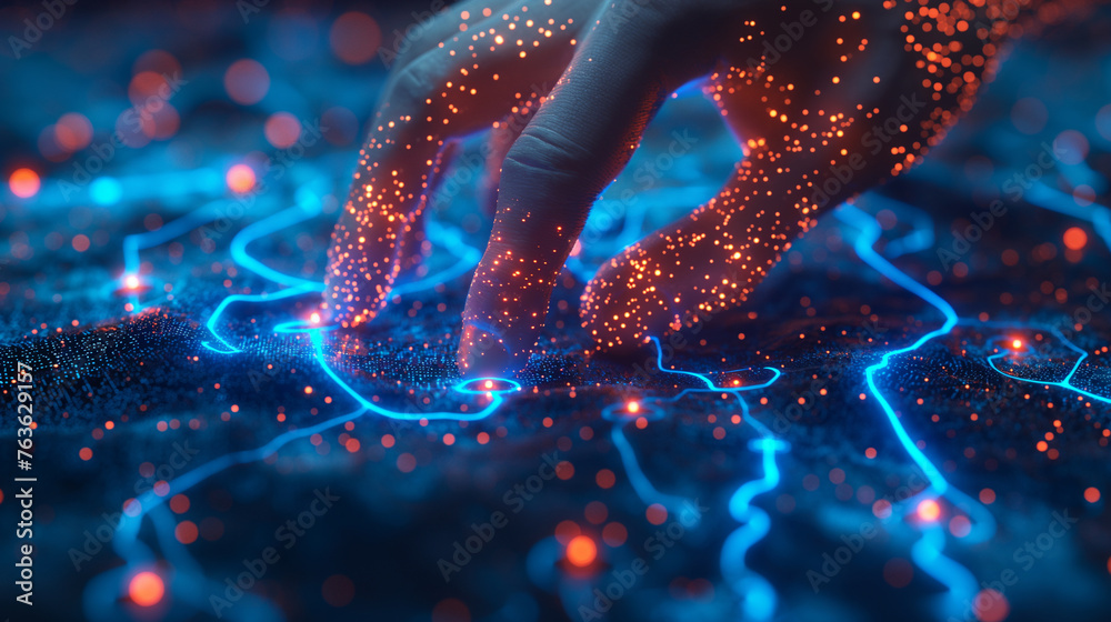 Digital hand set location on map with pins. AI technology in GPs Stock ...