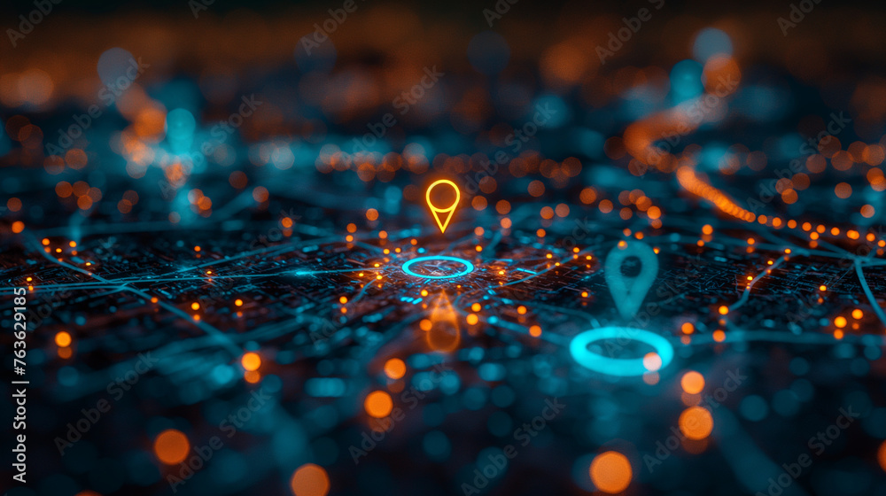 Digital hand set location on map with pins. AI technology in GPs Stock ...