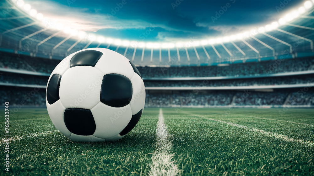 Soccer ball resting on a grass field in a soccer stadium. Fans cheering ...