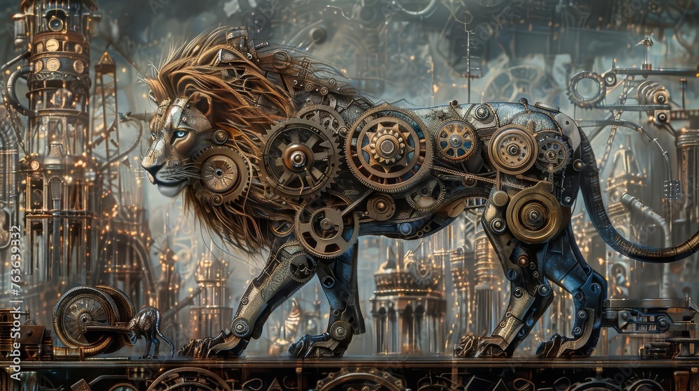 Steampunk-inspired mechanical lion with gears, cogs, and a Victorian ...