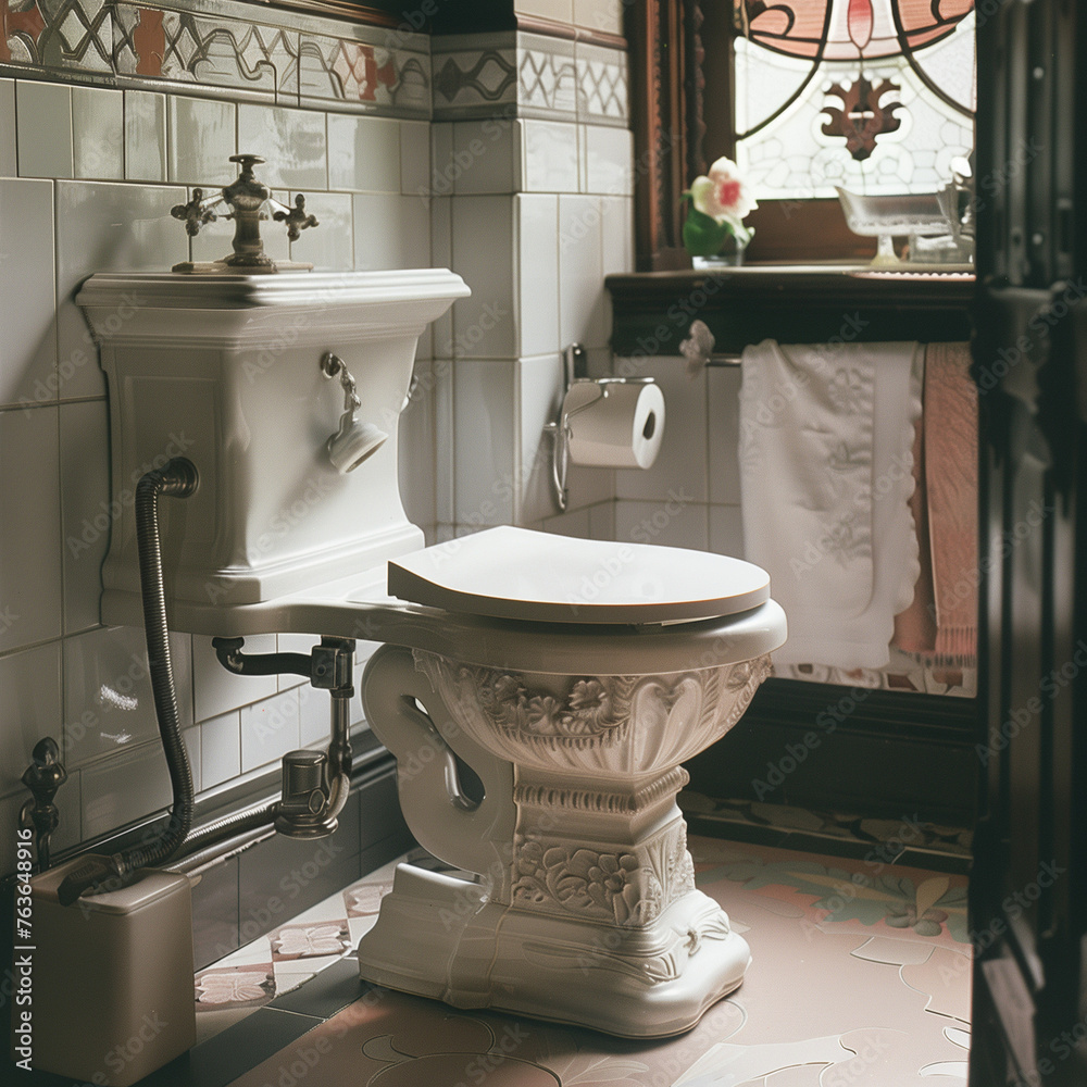 Ornate Vintage Toilet with High Water Tank, Classic Bathroom Detailing ...