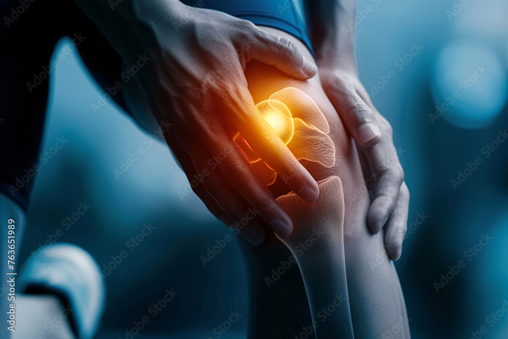 person with pain in his knee, body with pain in the knee, man holding ...