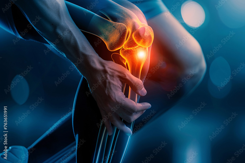 person with pain in his knee, body with pain in the knee, man holding ...