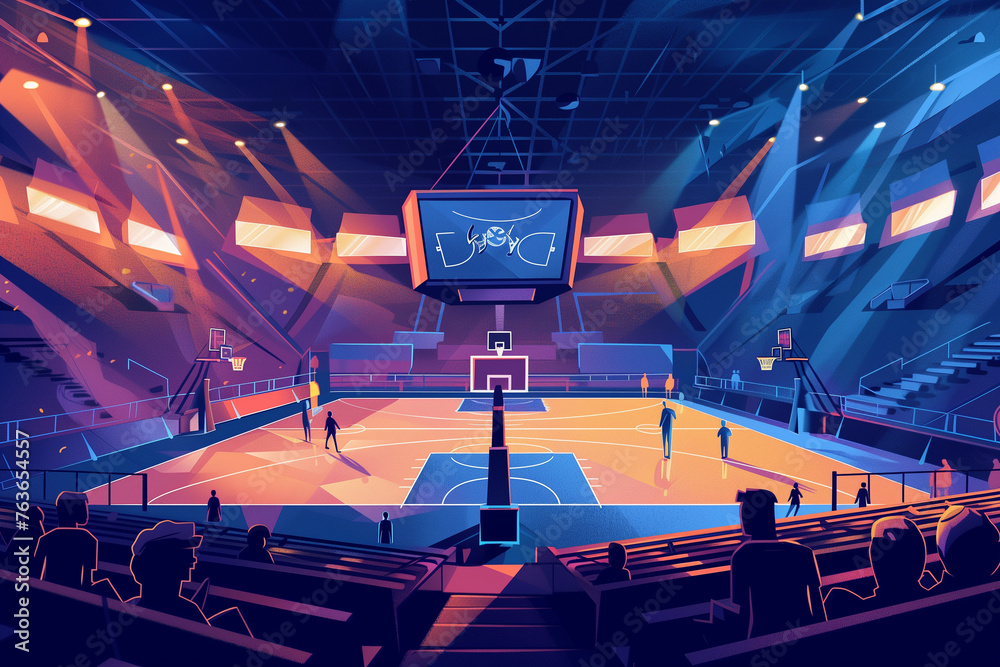 Basketball game. Modern indoor stadium illuminated with spotlights ...