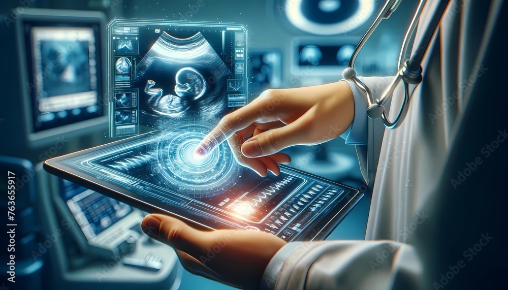Advanced prenatal care visualization with a doctor analyzing a ...
