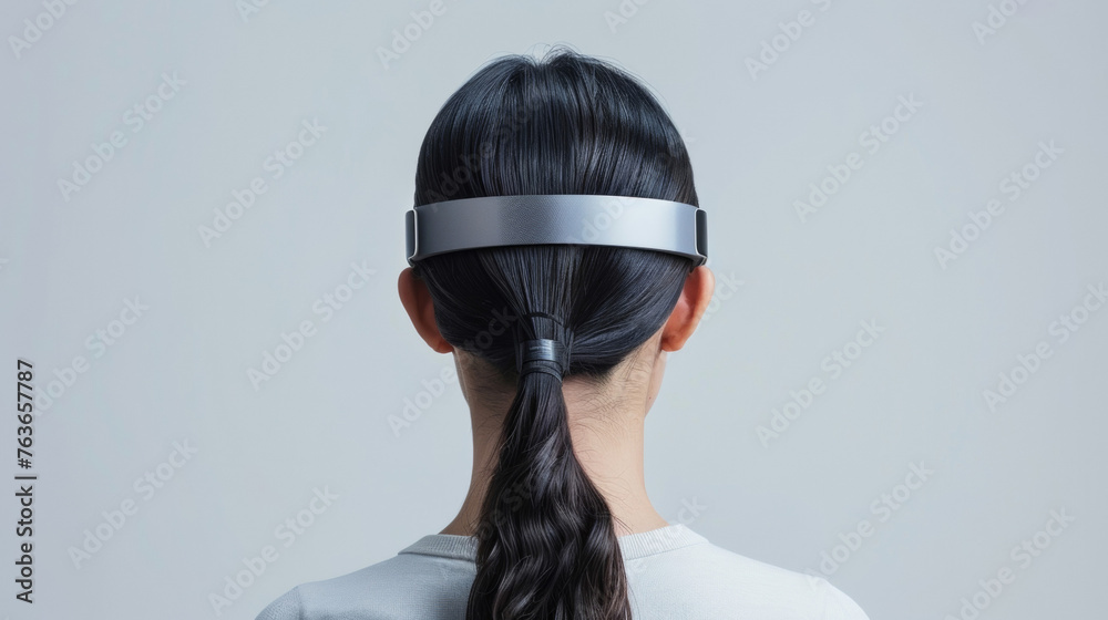 The back of someones head with a device attached to scalp. The device a ...