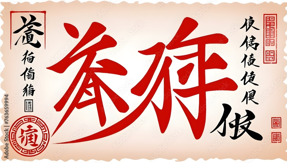 Chinese Calligraphy (Mao) translation Rabbit, Left side red stamp image ...