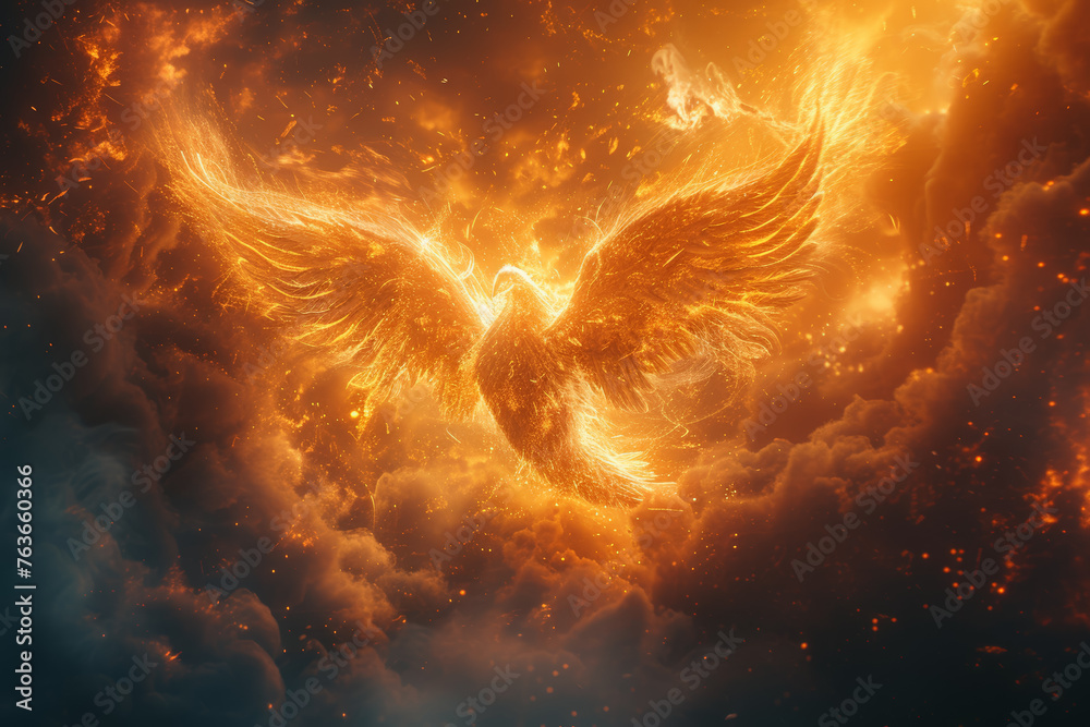 An ice phoenix emerging from the heart of a blazing inferno, embodying ...