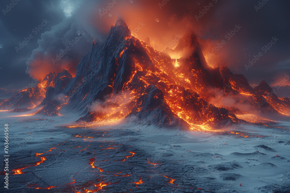 Ember-filled winds swirling through an icy desert, capturing the ...