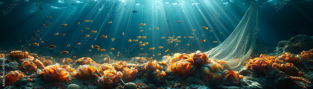 Underwater scene depicting an overfished marine ecosystem, where the ...