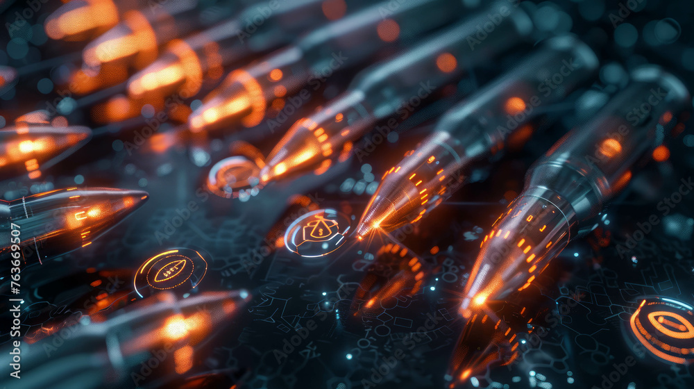 Immerse yourself in a cinematic close-up of sniper bullets enveloped in ...
