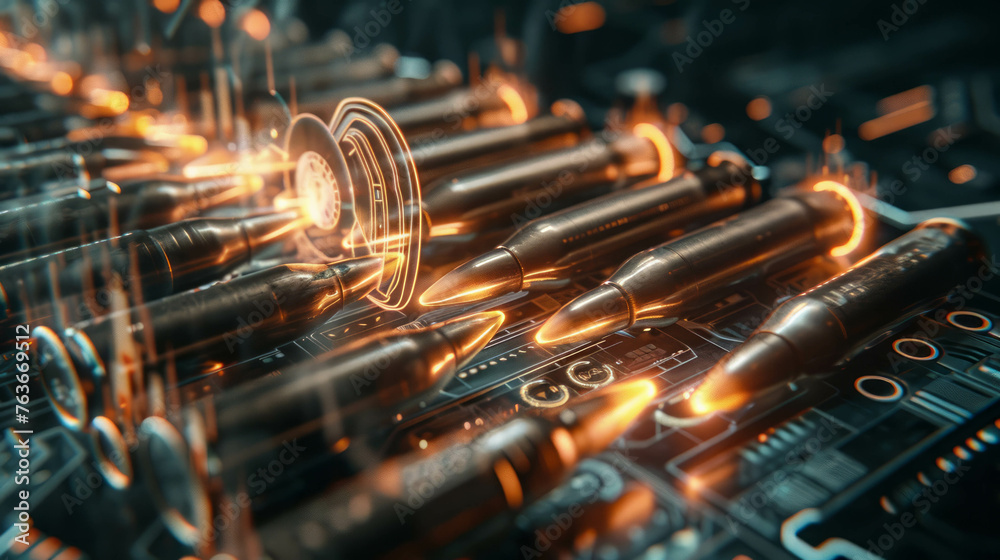 Immerse yourself in a cinematic close-up of sniper bullets enveloped in ...
