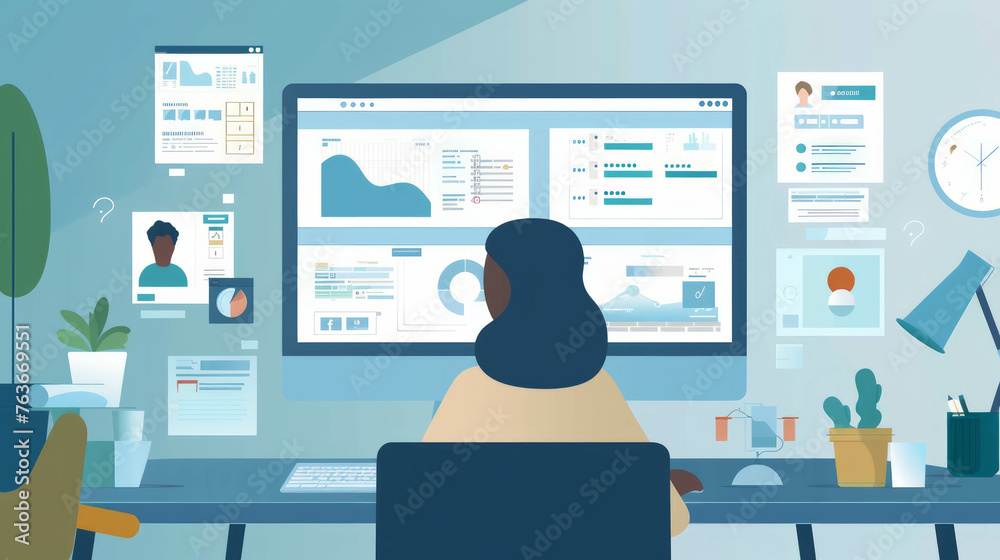 A computer screen displays customer center software with floating ...