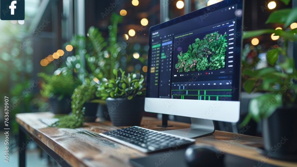 Modern workspace with computer and plant - Tranquil workspace with a ...