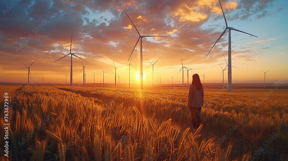 Wind farm field and sunset sky. Wind power. Sustainable, renewable ...
