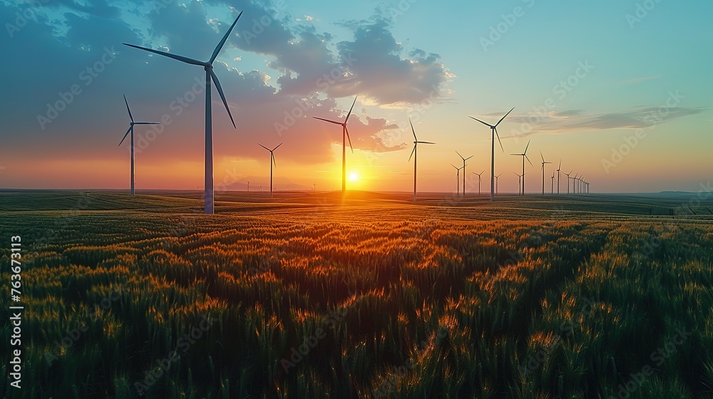 Wind farm field and sunset sky. Wind power. Sustainable, renewable ...
