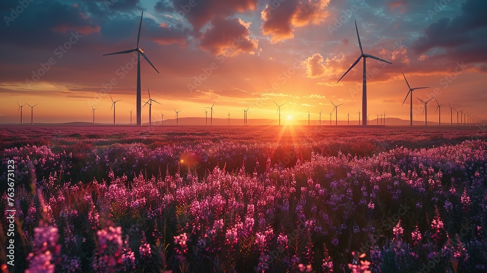 Wind farm field and sunset sky. Wind power. Sustainable, renewable ...