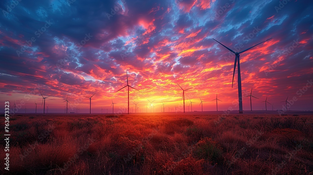 Wind farm field and sunset sky. Wind power. Sustainable, renewable ...