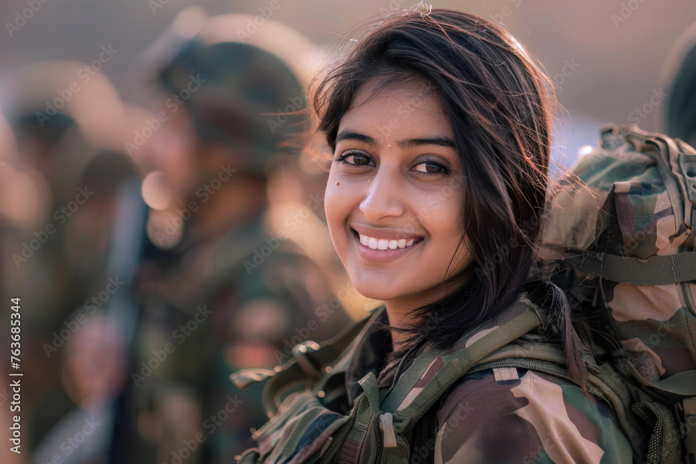 Indian woman army soldier smiling in Universal Camouflage Uniform Stock ...