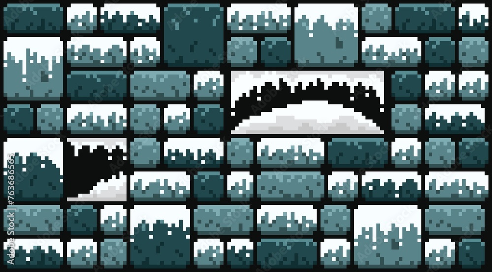 Pixel art 2D brick blue ice wall texture with pile of snow. Dungeon ...