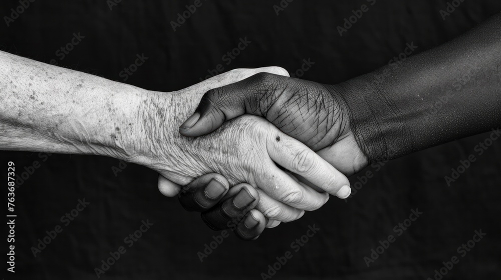 Intergenerational black and white handshake depicting racial harmony ...