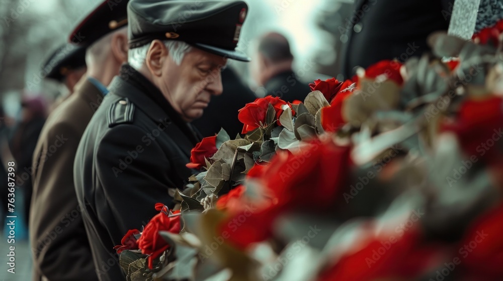 Uniformed veteran man paying respects with red flowers at memorial ...