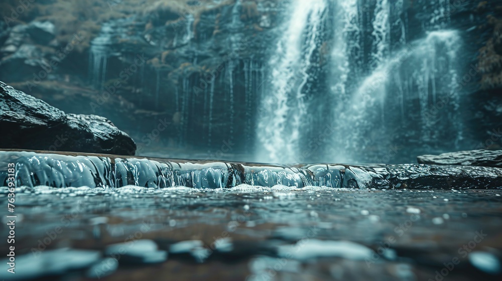 A low-angle shot captures a majestic waterfall cascading down a rugged ...