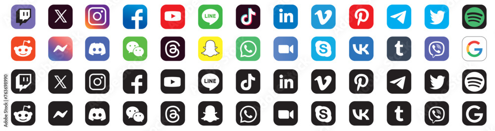 social media icons or social network logos flat icons set collection ...