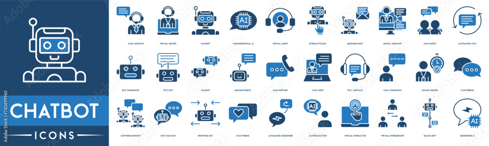 ChatBot icon set. Included the icons as Chat Assistant, Virtual Helper ...