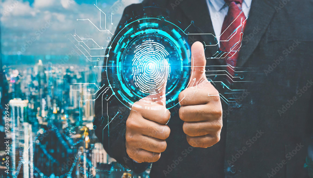 Thumbs Up With Virtual Fingerprint To Scan Biometric Identity And
