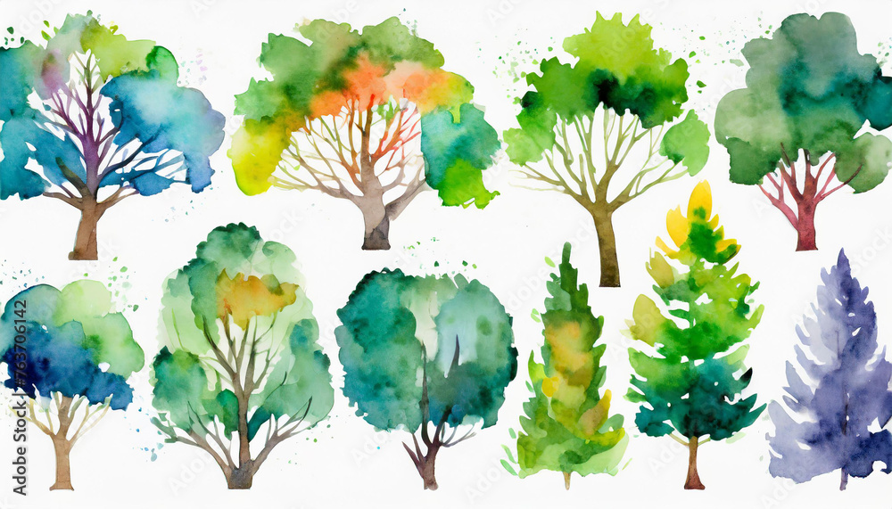Watercolor painted various tree collection. An array of watercolor ...
