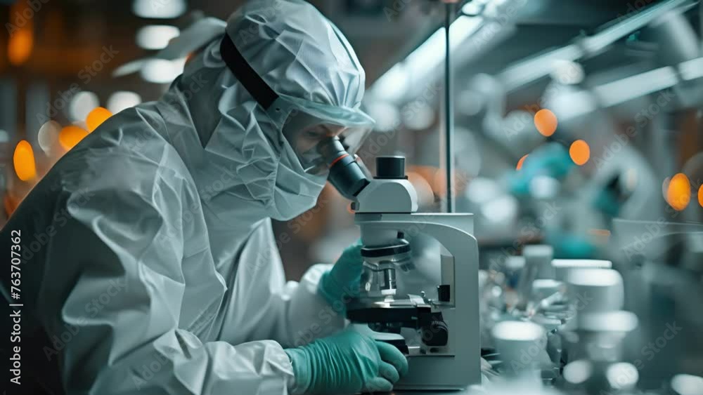 A scientist wearing a white lab coat and a mask is looking through a ...