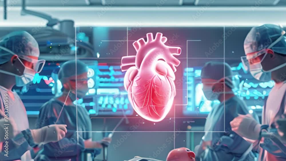 A group of surgeons are performing a heart surgery. The heart is shown ...