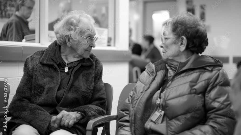 In a crowded hospital waiting room a volunteer sits next to an elderly ...