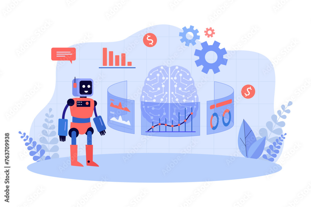Automated financial advisor looking at AI brain with diagrams and ...